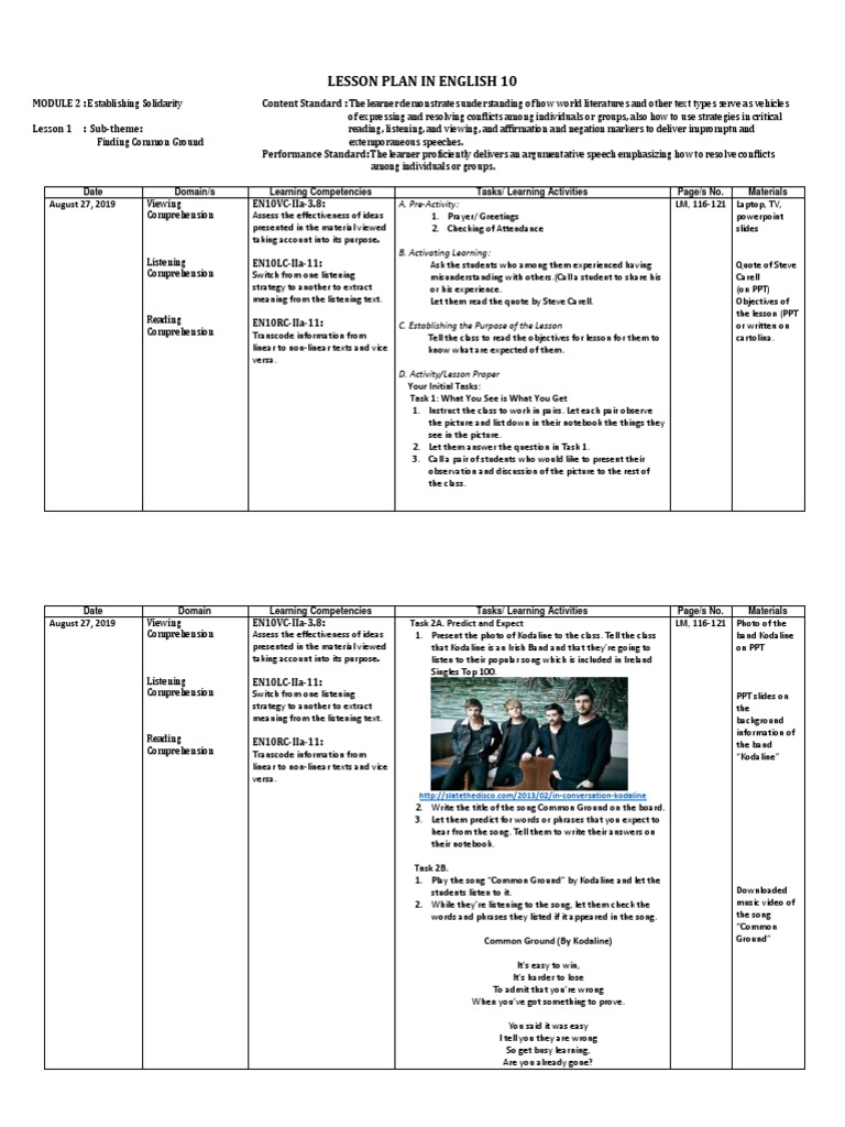 Lesson Plan in English 10: MODULE 2: Establishing Solidarity Lesson 1 ...
