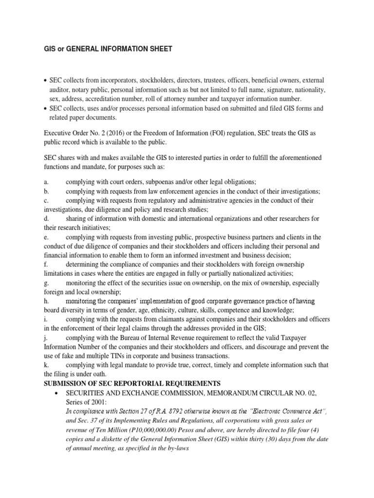 GIS or GENERAL INFORMATION SHEET | PDF | U.S. Securities And Exchange ...