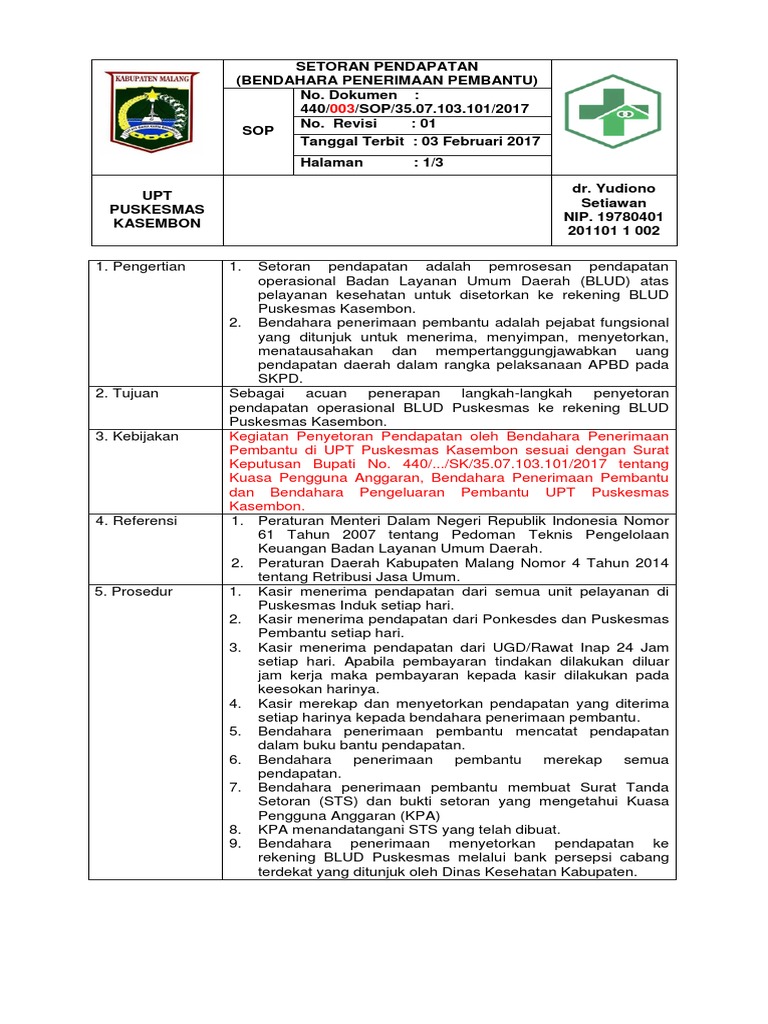Sop Setoran Pendapatan (Bendahara Penerimaan Pembantu) | PDF