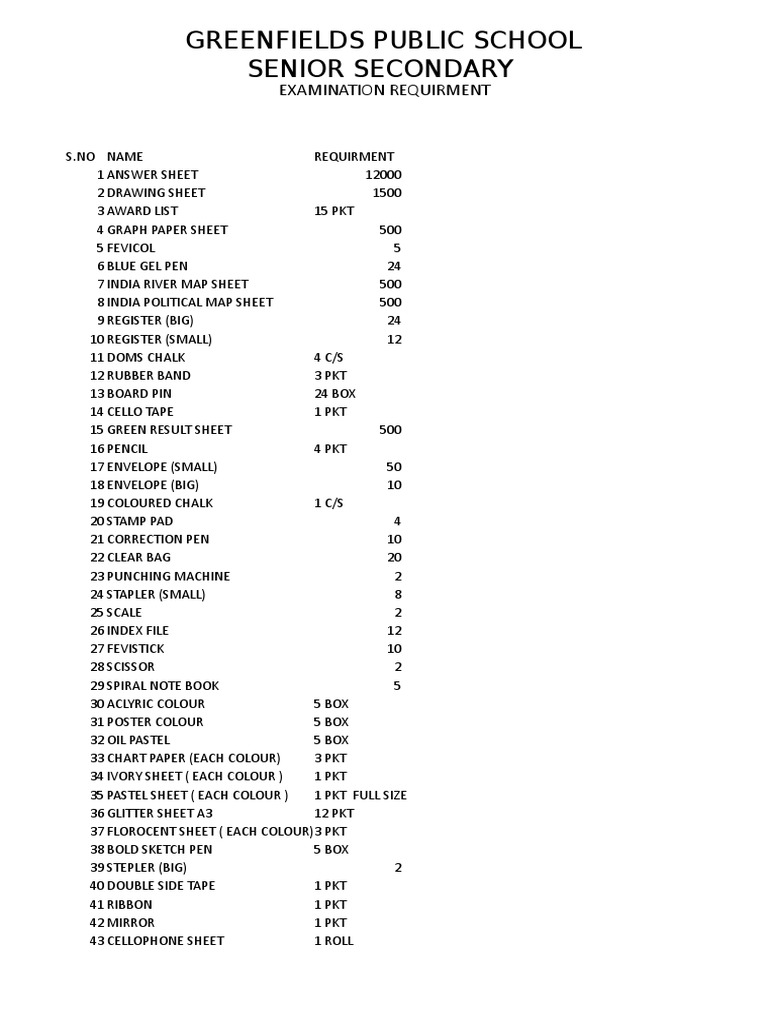 Greenfields School Exam Supplies List | PDF