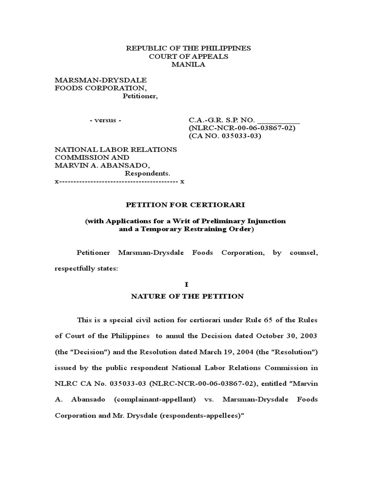 Petition For Certiorari Rule 65 | PDF | Employment | Judgment (Law)