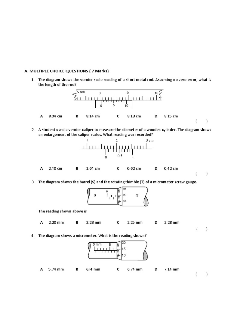 Vernier Caliper and Micrometer Worksheet | PDF | Tools | Length