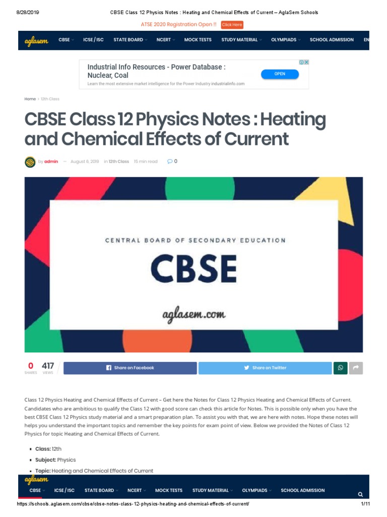 Classnotes CBSE Class 12 Physics Notes - Heating and Chemical Effects ...