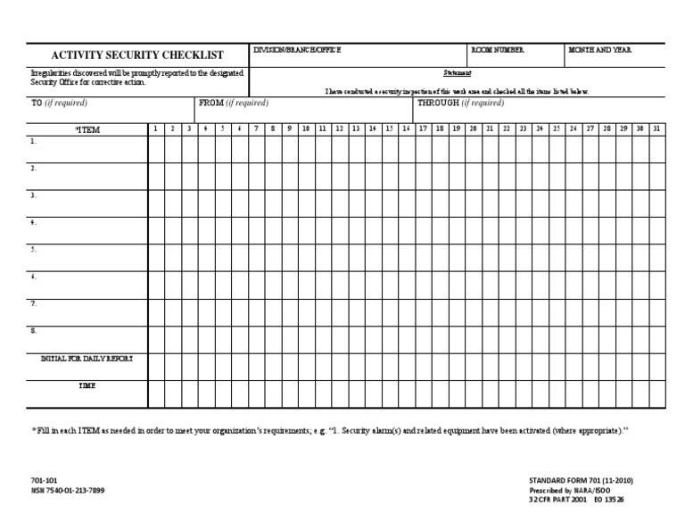 Activity Security Checklist Form 701-101 | PDF