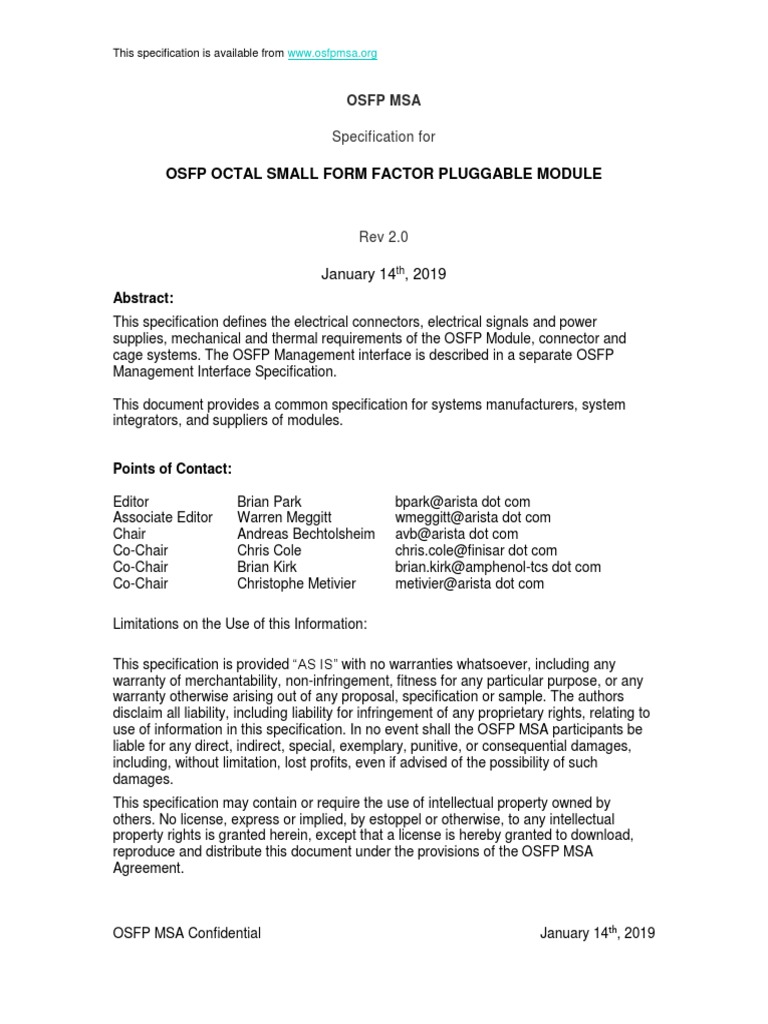 OSFP Module Specification Rev2!0!20190114 | PDF | Electrical Connector ...