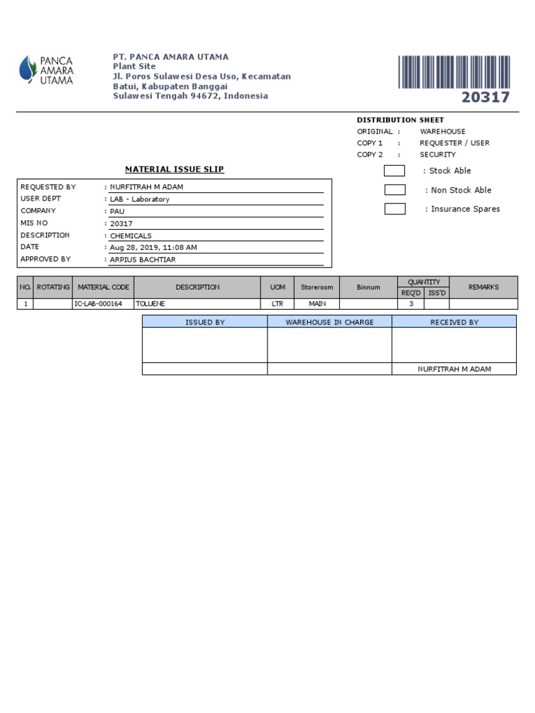 Chemical Material Issue Slip - PAU | PDF
