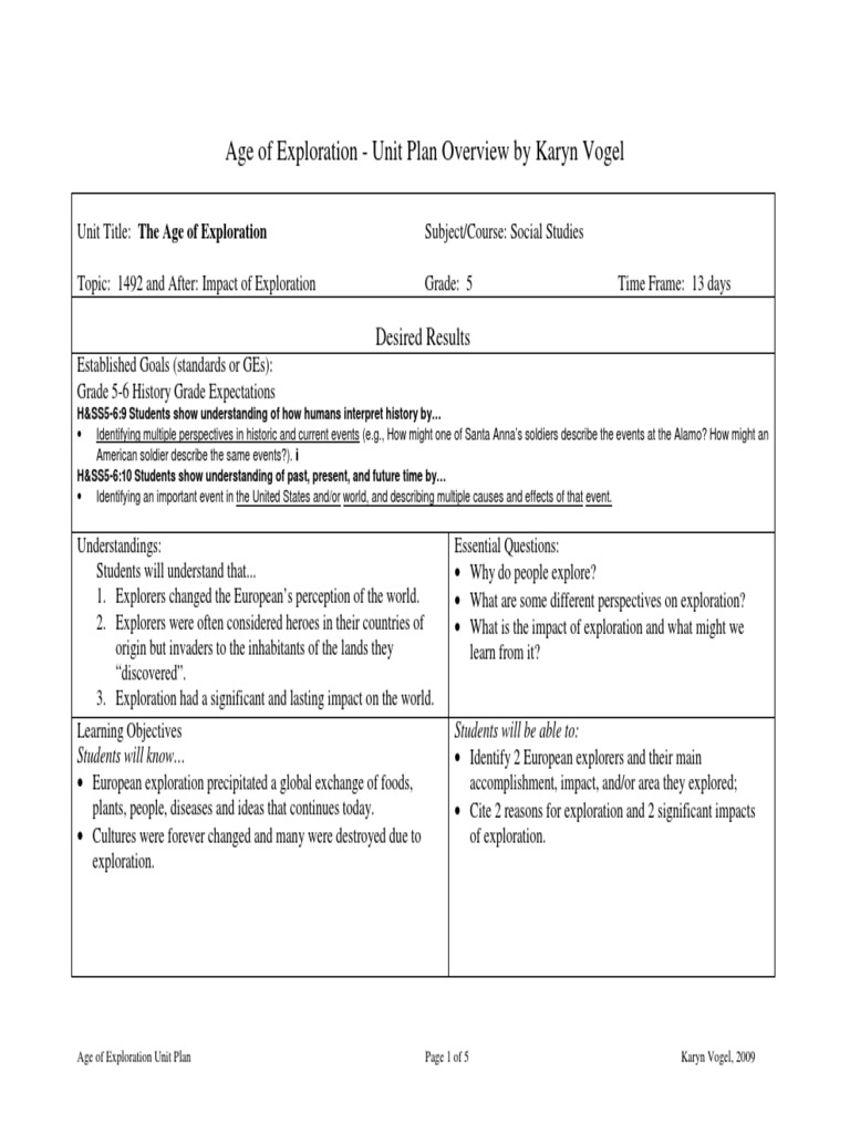 Age of Exploration Unit Plan for 5th Grade | PDF | Christopher Columbus ...
