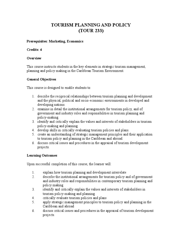 Tourism Planning and Policy (TOUR 233) : Prerequisites: Marketing ...