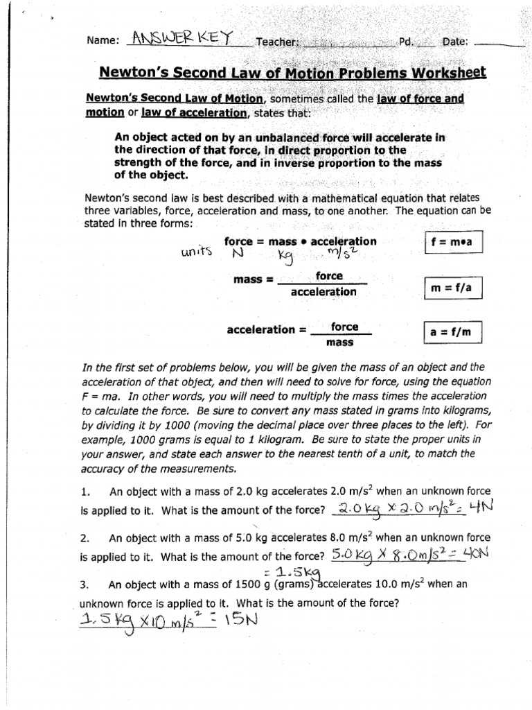 Newtons 2nd Law Answer Key Page 1 and 3 | PDF