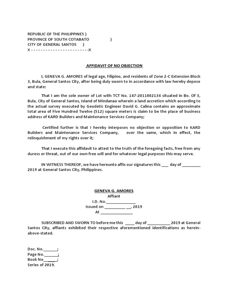Affidavit of No Objection-Tenant