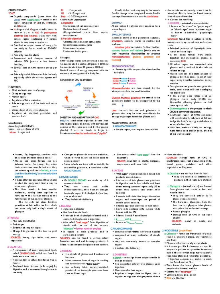 Notes On Nutrition Carbohydrates | PDF | Carbohydrates | Glucose