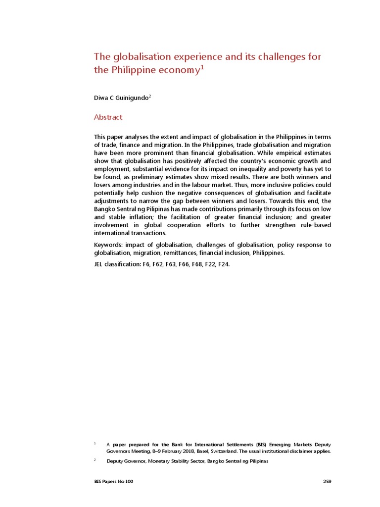 The Globalisation Experience and Its Challenges For The Philippine ...
