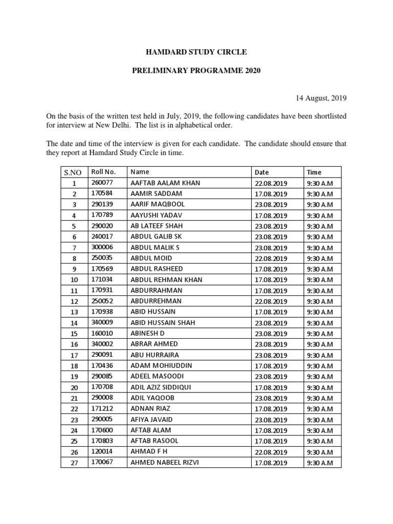 Hamdard Study Circle Interview Schedule | PDF | Travel