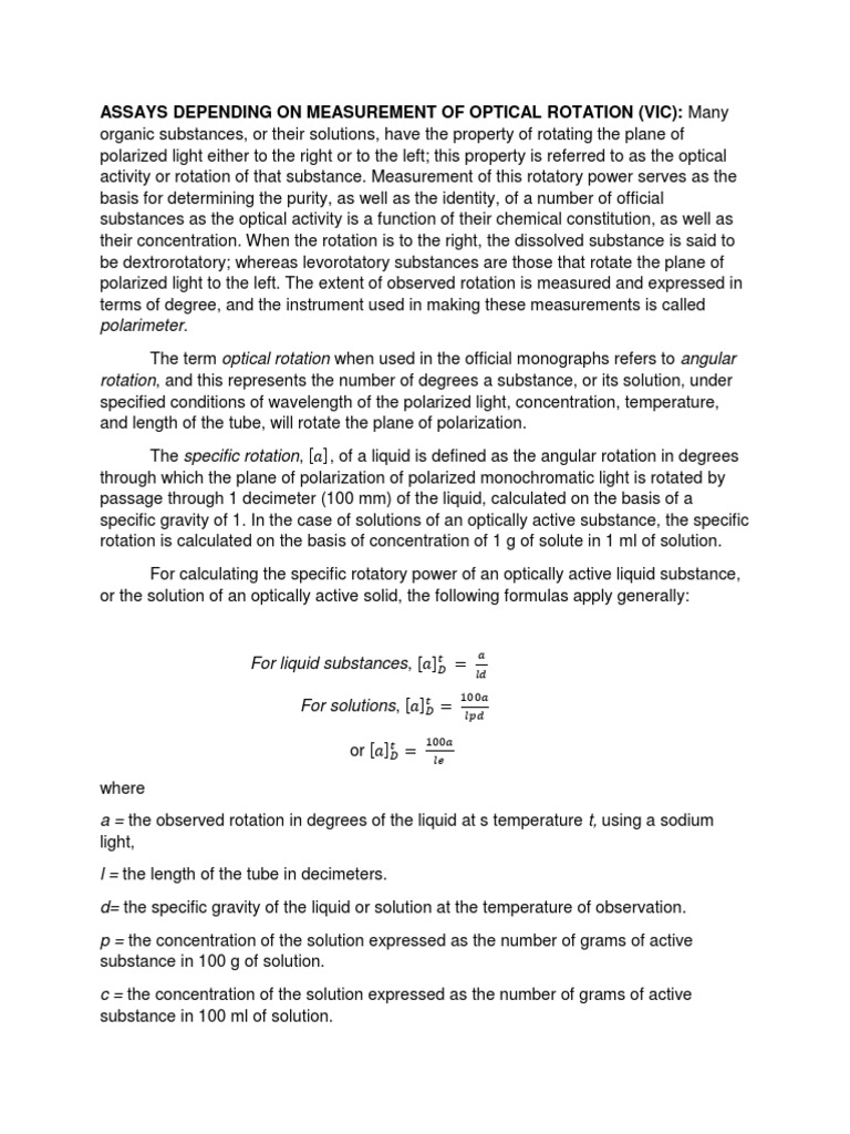 Assays Depending On Measurement of Optical Rotation (Vic) : Many | PDF ...