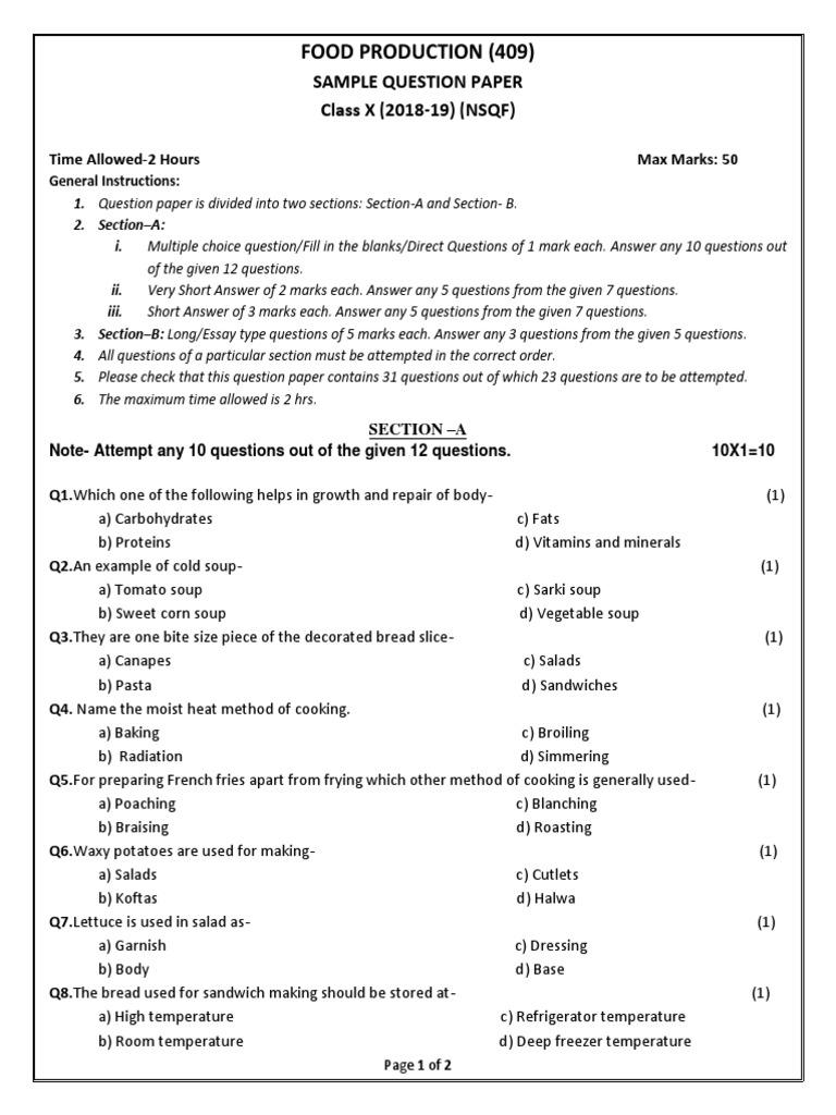 Food Production (409) : Sample Question Paper Class X (2018-19) (NSQF ...