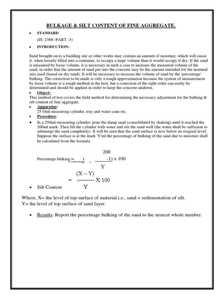 Bulkage & Silt Content of Fine Aggregate. | PDF | Volume | Sand