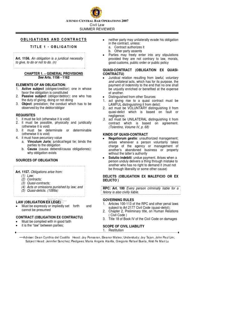 Obligations and Contracts Reviewer Atene PDF | PDF | Law Of Obligations | Negligence