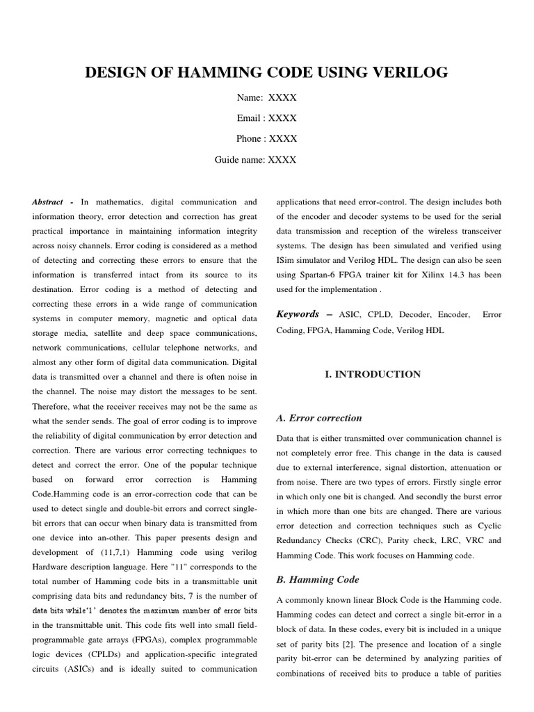 Design of Hamming Code Using Verilog | PDF | Error Detection And Correction | Data Transmission