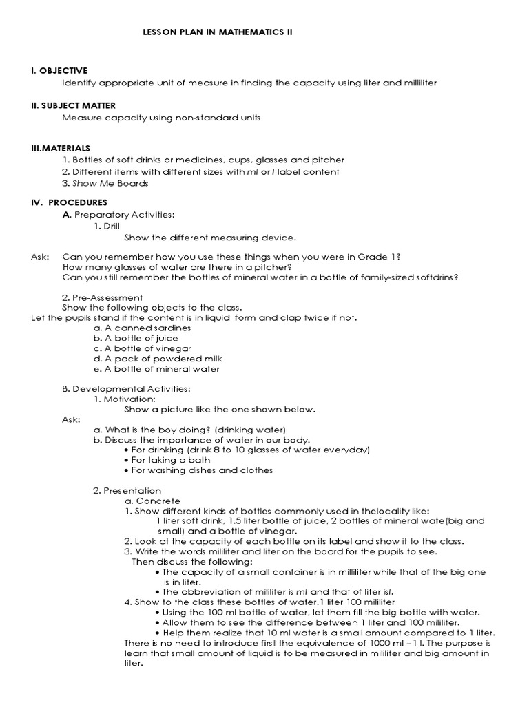 DLP in Math (Liter Milliliter) | PDF | Litre | Bottle