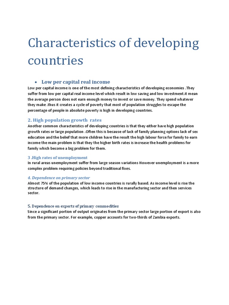 Characteristics of Developing Countries: Low Per Capital Real Income ...