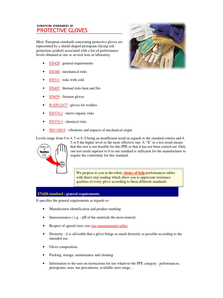 EN420 EN388 EN511 EN407 EN659 PR EN12477 EN374-2 EN374-3 ISO 10819 ...