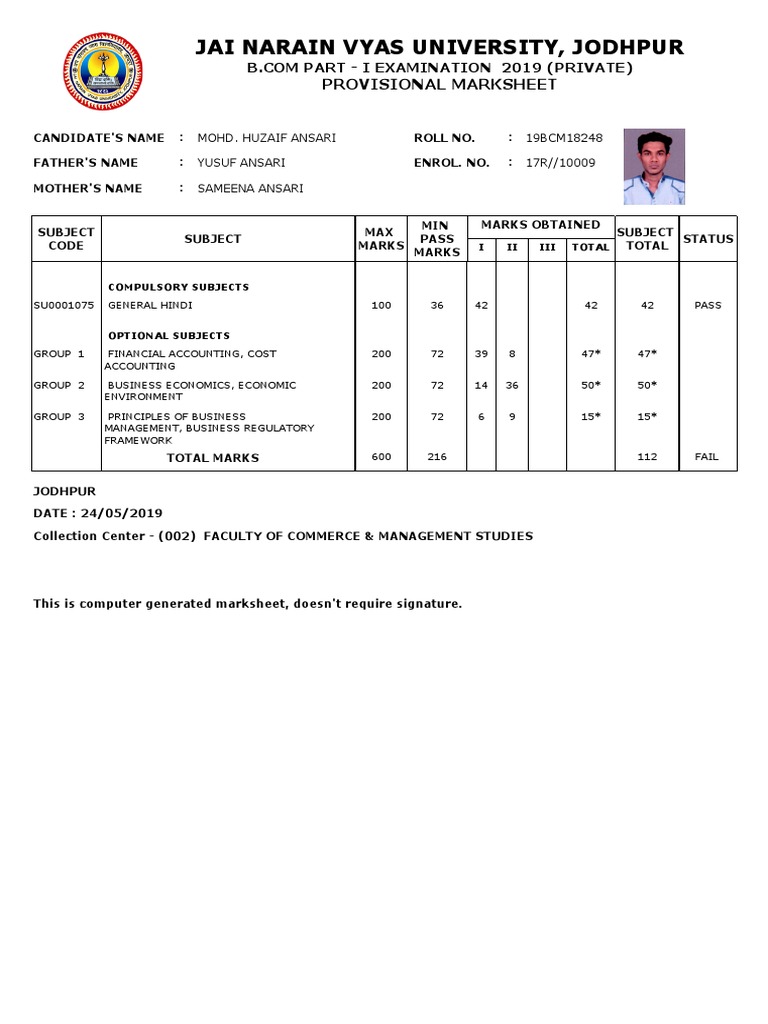 B.Com Part I Provisional Marksheet 2019 | PDF