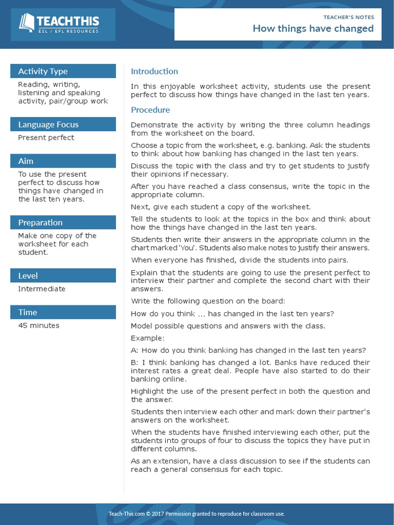 Present Perfect How Things Have Changed | PDF | Question | English As A ...
