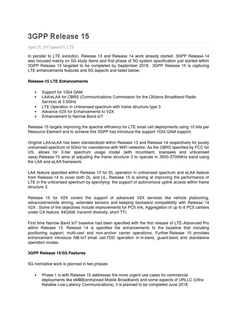 3GPP Release 15 | PDF | Lte (Telecommunication) | Wireless Networking