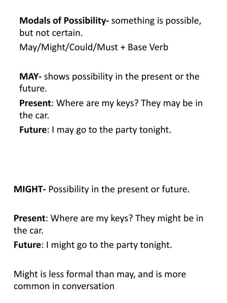But Not Certain. May/Might/Could/Must + Base Verb: Modals of ...