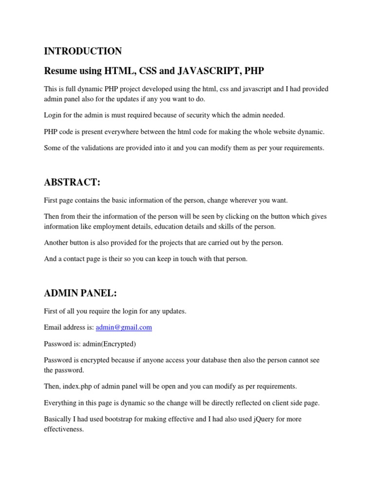 Resume Using HTML, CSS and JAVASCRIPT, PHP | PDF | Career & Growth ...