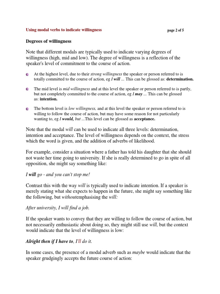 Using Modal Verbs To Indicate Willingness | PDF | Verb | Grammar
