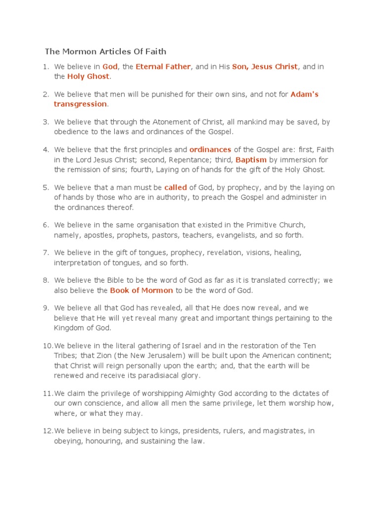 Mormon Articles of Faith Summary | PDF