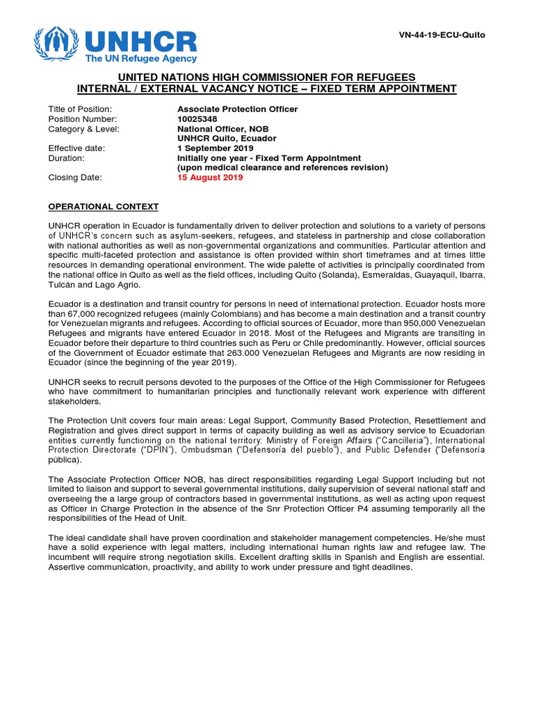 VN 44 19 UNHCR ECU Associate Protection Officer NOB Quito INT EXT REV ...