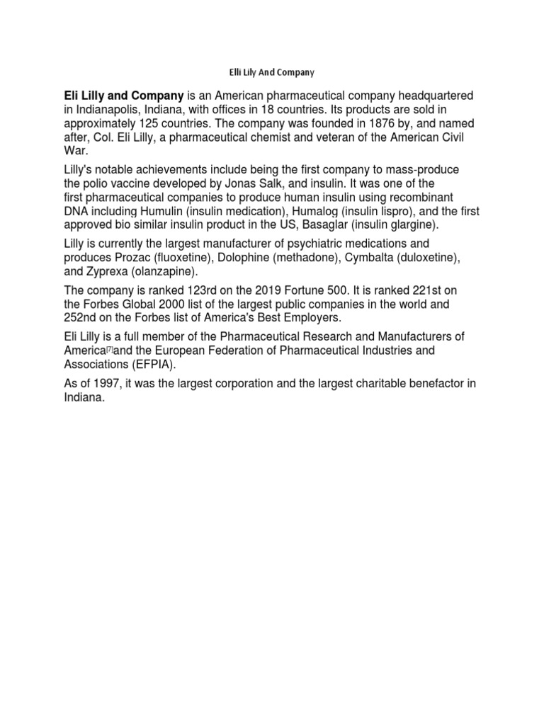Eli Lilly and Company Is An American Pharmaceutical Company ...
