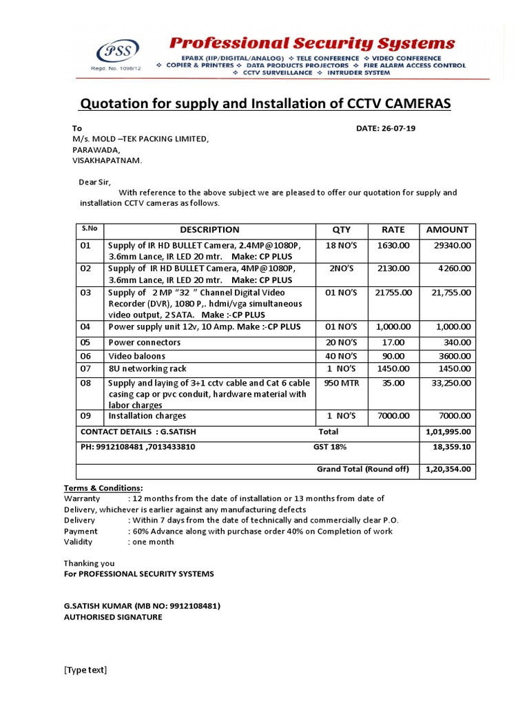 Quotation For Supply and Installation of CCTV CAMERAS: Description QTY ...