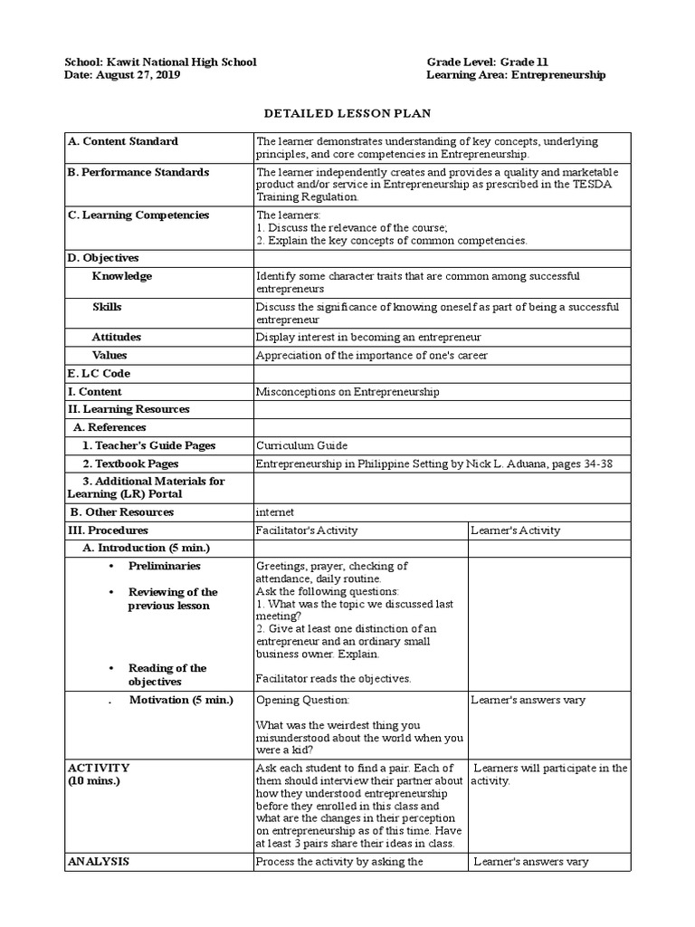 Grade 11 Entrepreneurship Lesson Plan | PDF | Lesson Plan ...