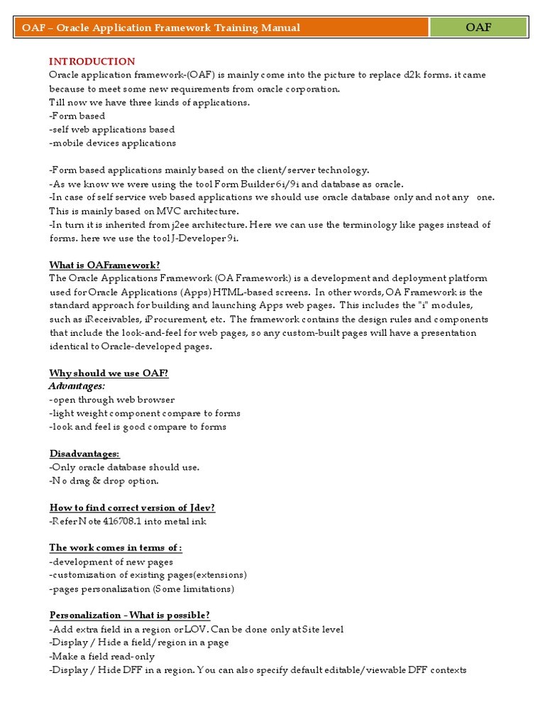 Oaf Oracle Application Framework Training Manual What Is Oaframework