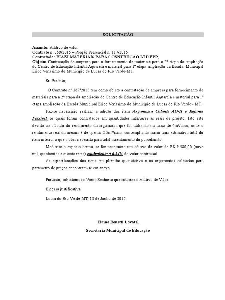 Modelo de Aditivo de Contrato | PDF | Argamassa (alvenaria) | Estatuto
