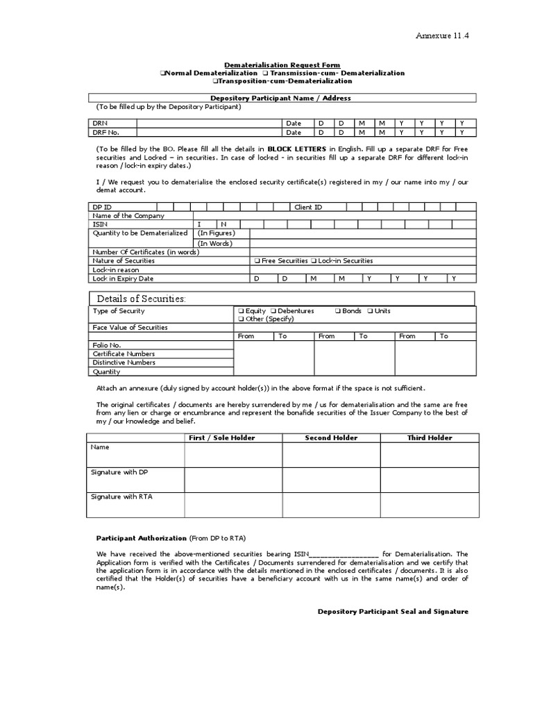 Ann 11.4 - Dematerialisation Request Form | PDF | Securities (Finance ...