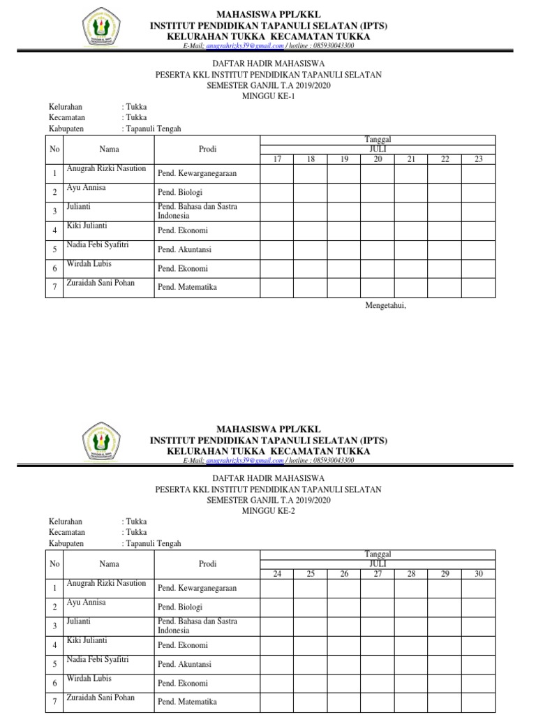 DAFTAR HADIR MAHASISWA KKN | PDF
