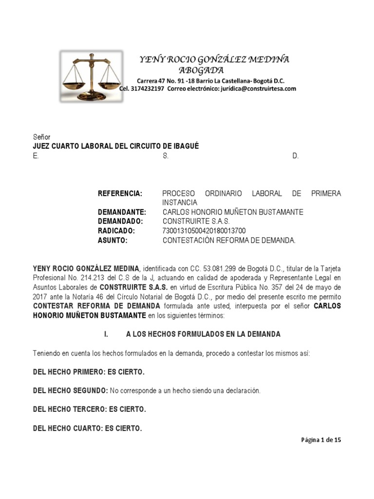Contestación a la Reforma de Demanda Laboral | PDF | Derecho laboral ...