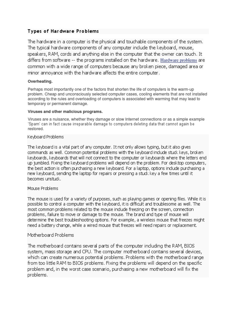 Types of Hardware Problems | PDF | Computer Keyboard | Computer Hardware