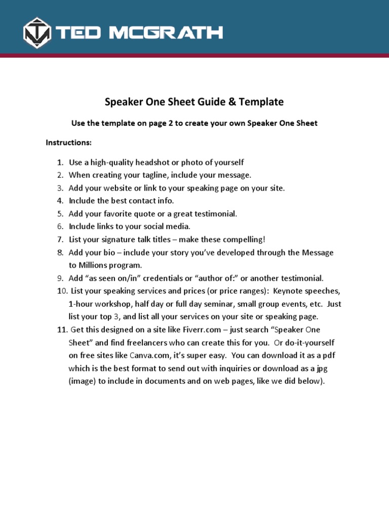 Use The Template On Page 2 To Create Your Own Speaker One Sheet ...