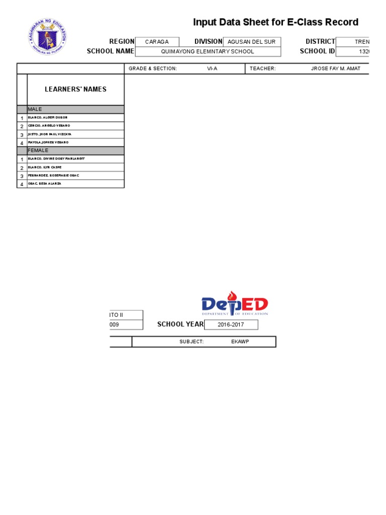 Input Data Sheet For E-Class Record: Region Division District School Name School Id | PDF