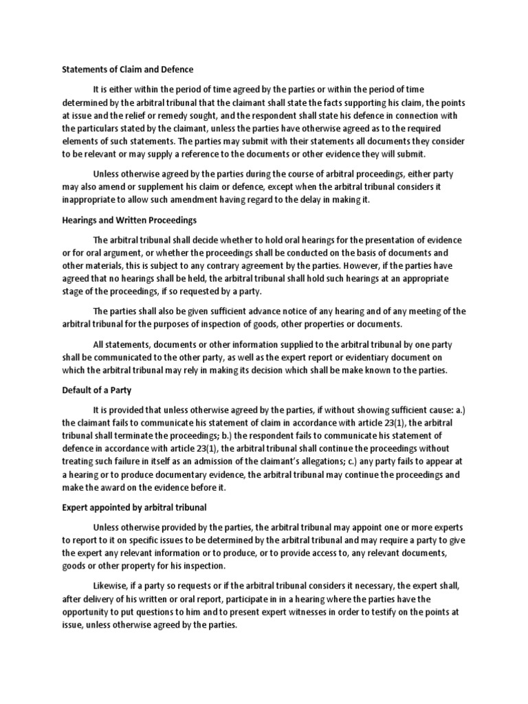 Statements of Claim and Defence | PDF | Arbitral Tribunal | Alternative ...