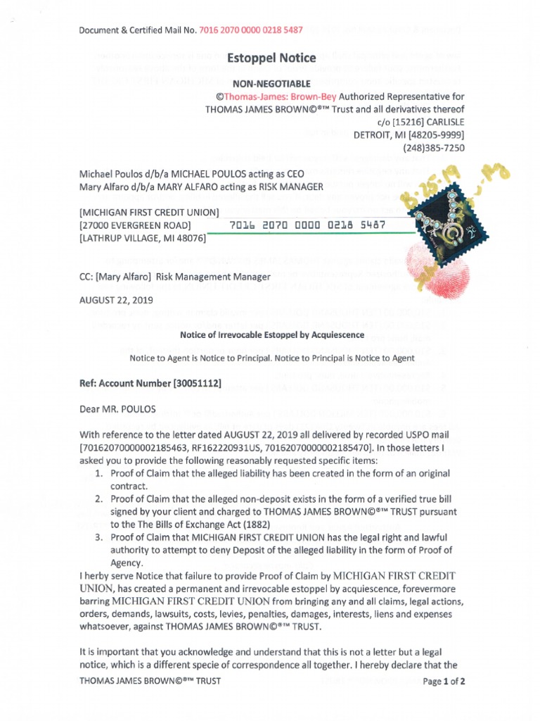 Estoppel Notice Michigan First Credit Union | PDF | United States ...
