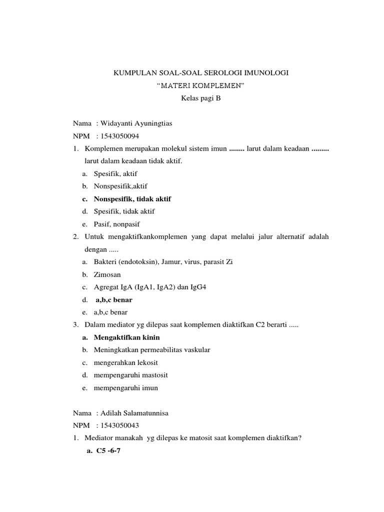 Soal-Soal Serologi Imunologi Tentang Komplementer' | PDF