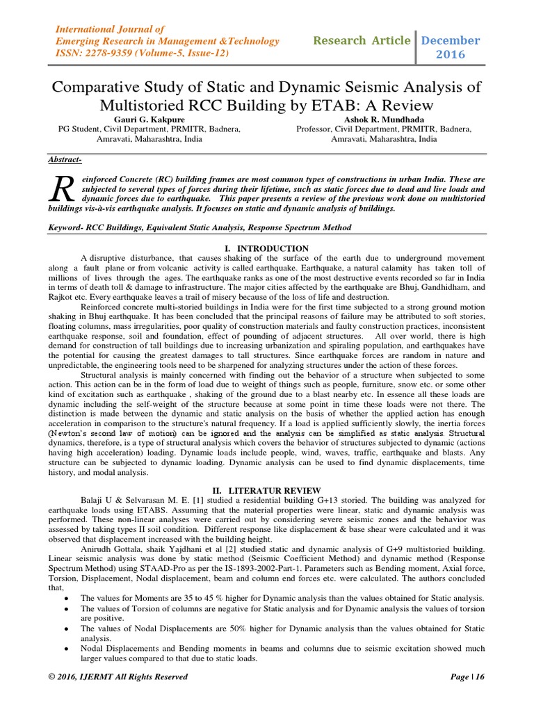 Comparative Study of Static and Dynamic Seismic Analysis of Multistoried RCC Building by ETAB: A ...