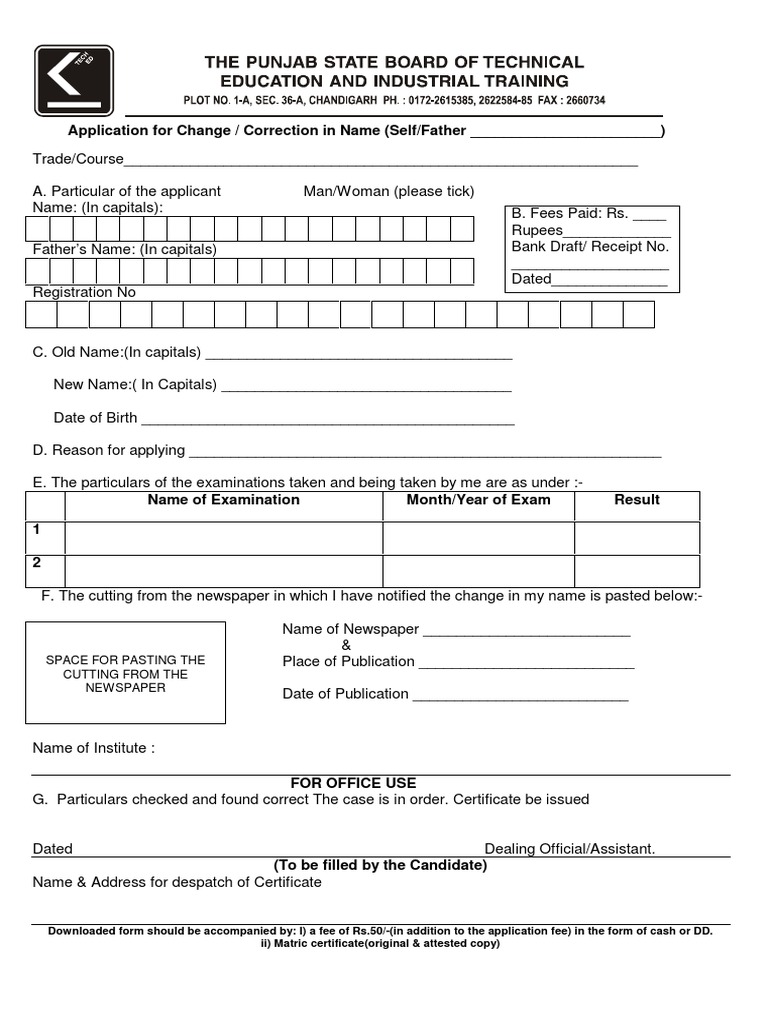 Application For Change / Correction in Name (Self/Father - ) | PDF ...