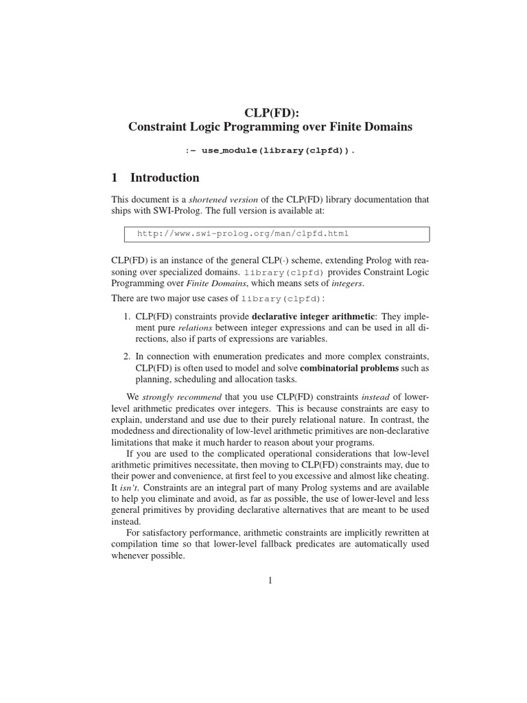 Clp Fd Constraint Logic Programming Over Pdf Theoretical Computer Science Areas Of